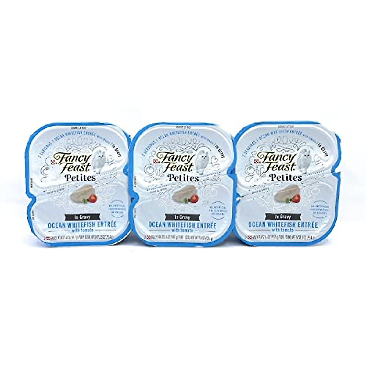 Fancy Feast Petites Cat Food Ocean Whitefish Flavor Bundle Includes (3) Each: Ocean Whitefish & Tuna Pate (2.8 oz), Ocean Whitefish with Tomato in Gravy(2.8 oz) & Catnip Toy
