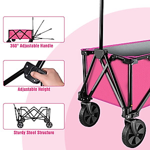 HAUSHOF Heavy Duty Collapsible Wagon, Folding Outdoor Utility Wagon, Camping Garden Beach Cart with Universal Quick Release Wheels, Adjustable Handle, 176 lbs Load Capacity, Pink