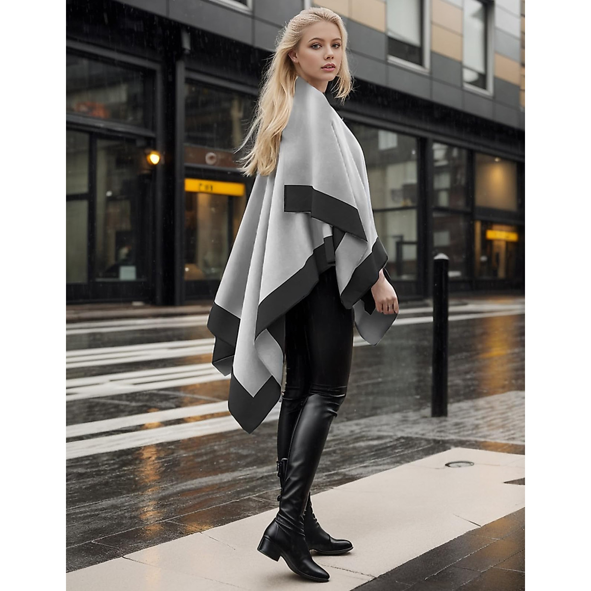 OWIF Women's Shawl Wraps Open Front Poncho Cape Oversized Sweaters Casual Cardigan Shawls for Fall Winter, Border Design-01-Black Gray