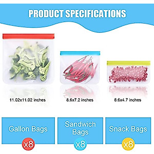 Reusable Food Storage Bags- 24 Pack Reusable Ziploc Bags (8 Reusable Gallon Bags + 8 Reusable Sandwich Bags + 8 Reusable Snack Bags)，Silicone Food Bags for Meat Fruits and Vegetables.