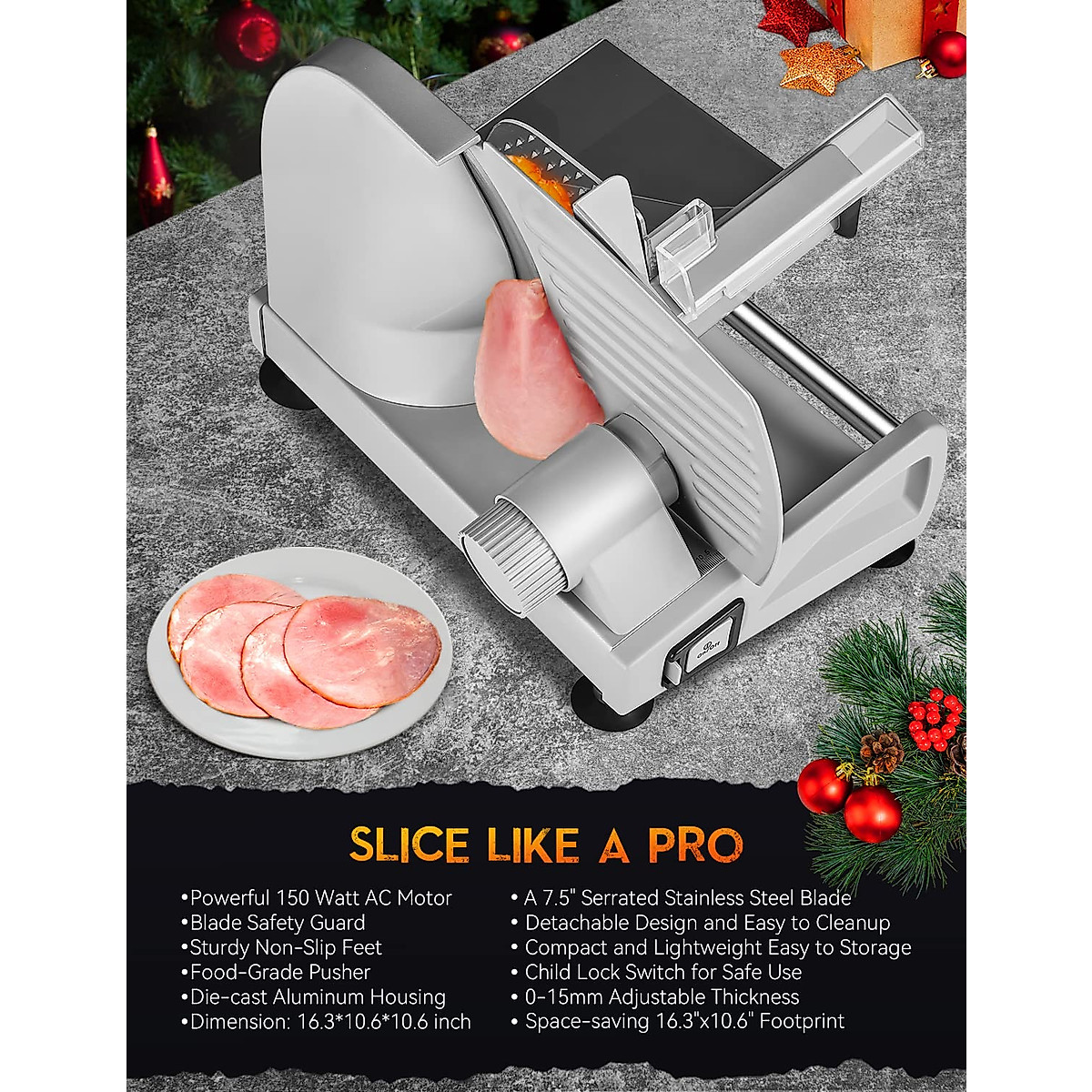 Meat Slicer Electric Deli Food Slicer with Removable 7.5’’ Stainless Steel Blade, Adjustable Thickness Meat Slicer for Home Use, Child Lock Protection, Easy to Clean, Silver, MIDONE