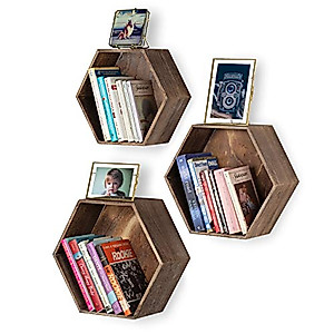 Rustic State Brooks Wall Mount Hexagon Honeycomb Box Geometric Floating Shelf Display Hanging Bookshelf Decorative Picture Ledge with Wood Back - Distressed Walnut - Multi Sizes - Set of 3