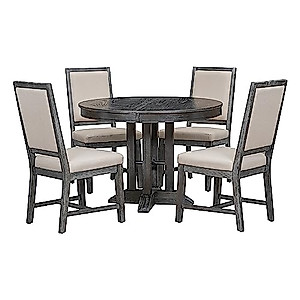 Dinehome 5-Piece Farmhouse Wood Round Extendable Dining Table Set with 4 Upholstered Chairs for Home Kitchen, Black