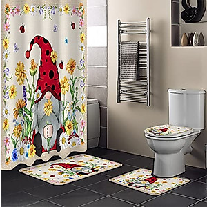 BULING 4Pcs Shower Curtain Set with Rugs,Farmhouse Ladybug Gnome with Daisy Sunflower Spring Summer Pattern Shower Curtain with 12 Hooks, Bath Mat, Toilet Lid Rug and Non-Slip U Shape Mat Accessories