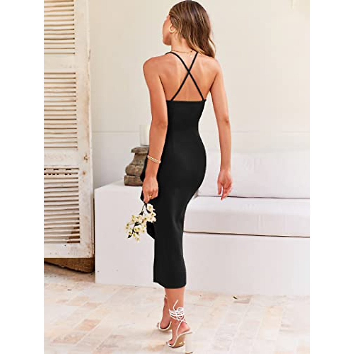 ANRABESS Womens Sexy Square Neck Spaghetti Strap Party Dress Bodycon Split Ruffled Hem Midi Dresses Black A907-heise-XL