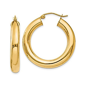14K Yellow Gold 5mm Thick Wide Tube Medium Hoop Earrings with Click-Down Clasp, 1.2 In (32mm) (5mm Tube)