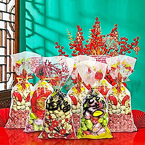 100 Pcs Chinese New Year Gift Bags, 4 Designs Chinese New Year Goodie Bags Lunar New Year Spring Festival Year of the Rabbit Cellophane Treat Candy Favor Red Bags for Chinese New Year 2023 Decorations and Party Supplies