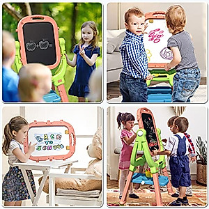 Weudear Kids Easel, Kids Toys Rotatable Double Sided Chalk Board Adjustable Height Standing Toddler Easel with 79pcs Accessories Art Set, Pink