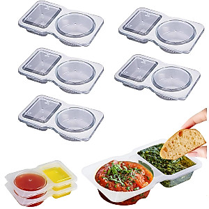 5PCS Double Compartment Condiment Containers with Lids, Portable Reusable Sauce Container,2 Compartment Snack Containers for Condiments or Dips, 2024 New Disposable 2 Compartment Snack Containers