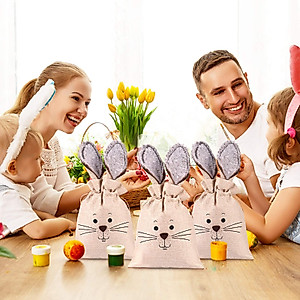 3 Pack Easter Burlap Bags Easter Bunny Tote with Drawstring Furry Bunny Ears Rabbit Easter Egg Hunts Goody Candy Treat Gift Storage Bags Kids Girls Easter Party Favor Bags(8" x 10.2")