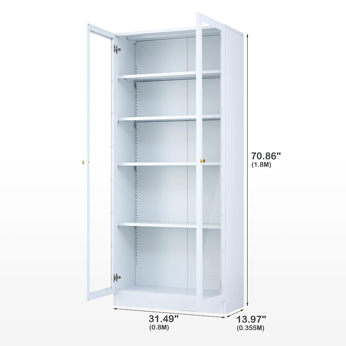 Alvisyd Metal Curio Cabinets with Acrylic Doors, 2 Door Cabinet 31.5 Wide Large Storage Bookcase with Adjustable Shelves, Glass Front Display Cabinet White Organizer 5 Tier for Home Office Craft