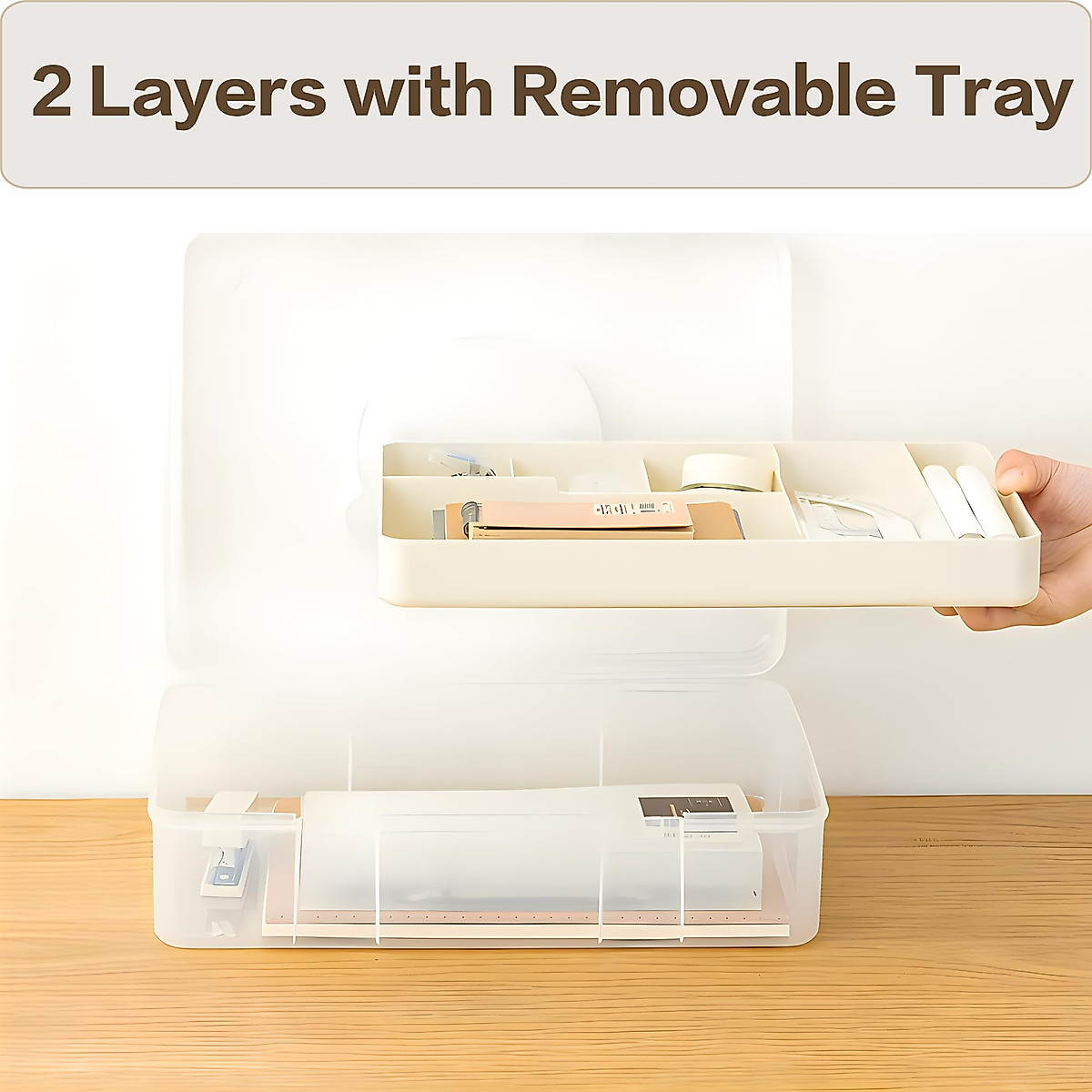 Clear Craft Organizer Storage Bins with Removable Tray, 2 Layer Stackable Plastic Storage Container Box Case for Beading, Jewelry Making, Art Craft Supplies, Sewing kits, Stationery, Pens, Markers