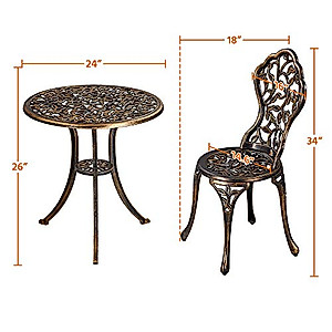 Topeakmart 3 Piece Bistro Set, Garden Round Table w/Chairs Set of 2, Antique Outdoor Patio Furniture Weather Resistant, Rose Design