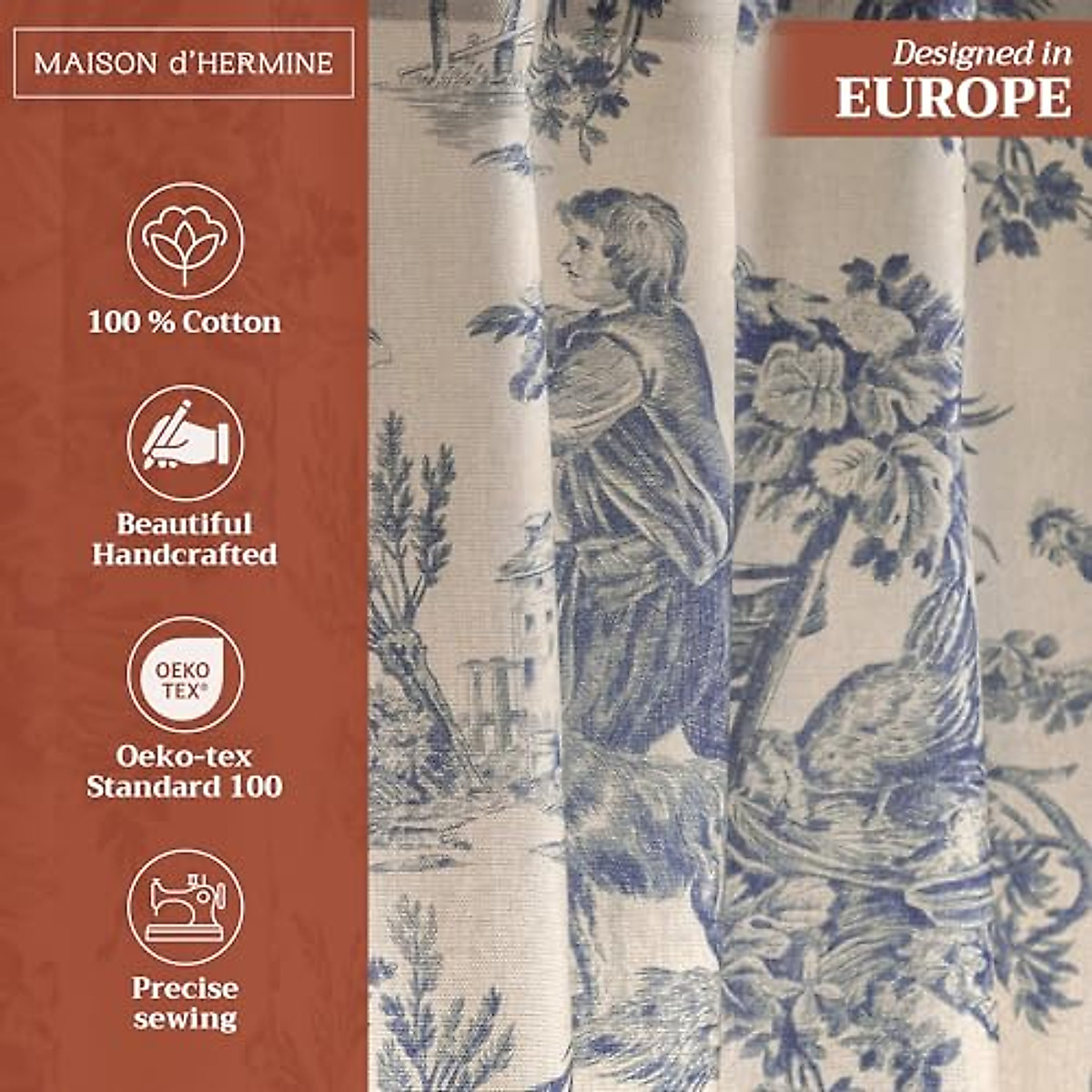 Maison d'Hermine Curtains for Living Room 100% Cotton 96 inch Length One Panel Window Toile Curtains for Bedroom with Loop & Rod Pockets - The Miller Blue, 50" W x 96" L