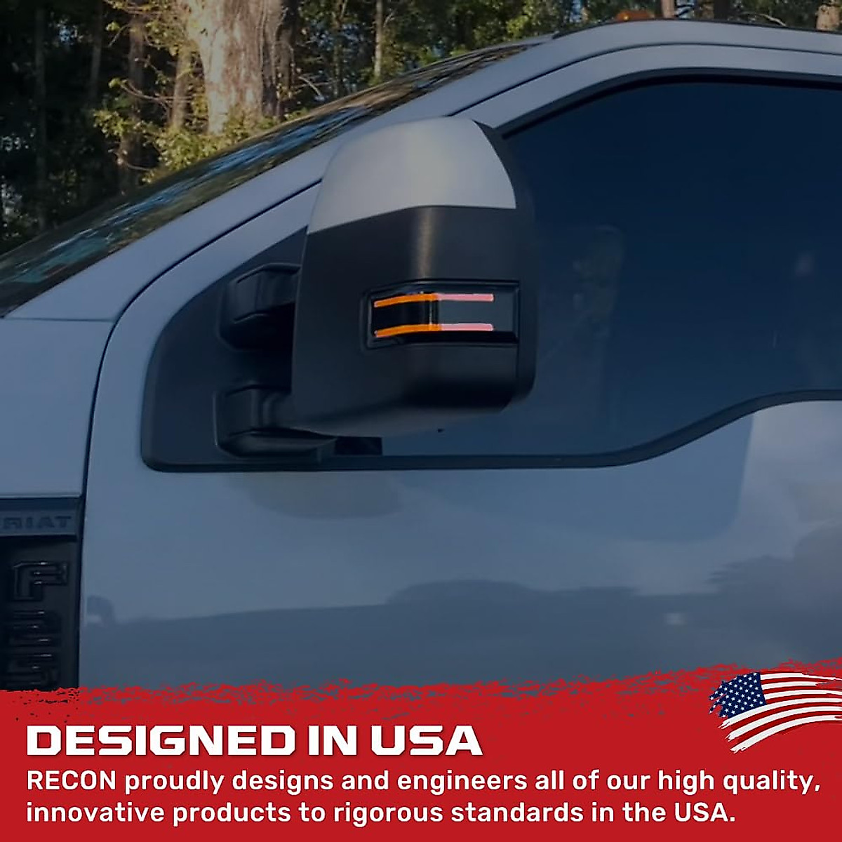 RECON Ford 17-24 Super Duty F250/F350/F450 Side Mirror Lenses (2-Piece Set) w/Amber LED Running Lights, Amber Blinking LED Turn Signals & White LED Spot Lights - Smoked Lens
