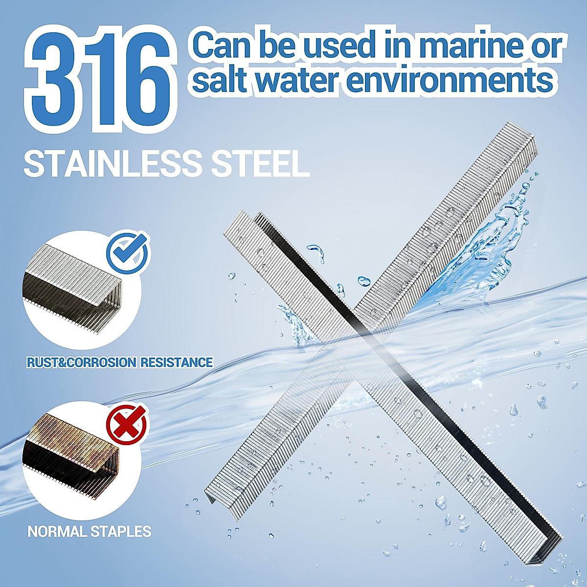 meite 22 Gauge 71 Series 316 Stainless Steel Upholstery Staples, 3/8-Inch (9.1 mm) Crown 3/8-Inch Length Fine Wire Staples Marine Upholstery Staples for Stapler Gun (10,000 Counts)