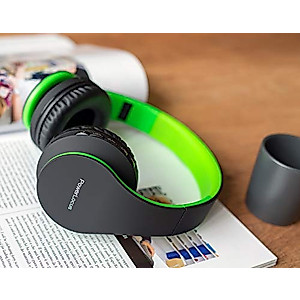 PowerLocus Wireless Bluetooth Over-Ear Stereo Foldable Headphones, Wired Headsets Rechargeable with Built-in Microphone for iPhone, Samsung, LG, iPad (Black/Green)