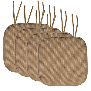 Sweet Home Collection Chair Cushion Memory Foam Pads with Ties Honeycomb Pattern Slip Non Skid Rubber Back Rounded Square 16" x 16" Seat Cover, 4 Pack, Taupe 4 Pack