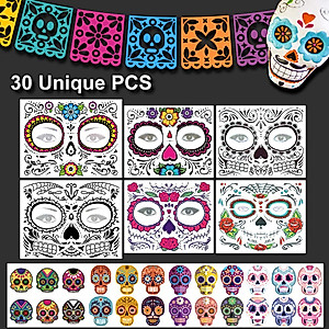 Day of the Dead Face Tattoos - 10 Sheet Halloween Temporary Tattoos Face Sticker Kit Día de Los Muertos Glitter Red Roses Skeleton Sugar Skull Fake Tattoo for Halloween Makeup on Face Body Men Women