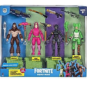 Fortnite Alchemist Squad Mode, 4 Figure Pack - 4 Inch King Flamingo, Prickly Patroller, Bigfoot, Elite Agent Collectible Action Figures, Plus 5 Harvesting Tools, 4 Weapons, 4 Building Materials