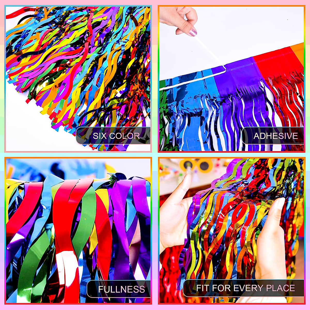 LOLStar Rainbow Party Decorations, 2 Pack Wavy Metallic Tinsel Foil Fringe Table Skirts, Perfect Table Decors for Birthday Holiday Wedding Engagement Bridal Shower Unicorn Pride Party Cartoon Party