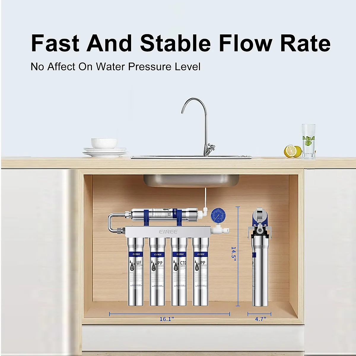 EIREE 0.01μm Ultra Filtration Mineral Water Purifier Under Sink Water Filter NSF/ANSI 42 Certified Remove 99.99% of Contąminants、Pb Hg Cd、Cadmium、Chlorine、Odor、Bad,Water Filter System（5-Stage）