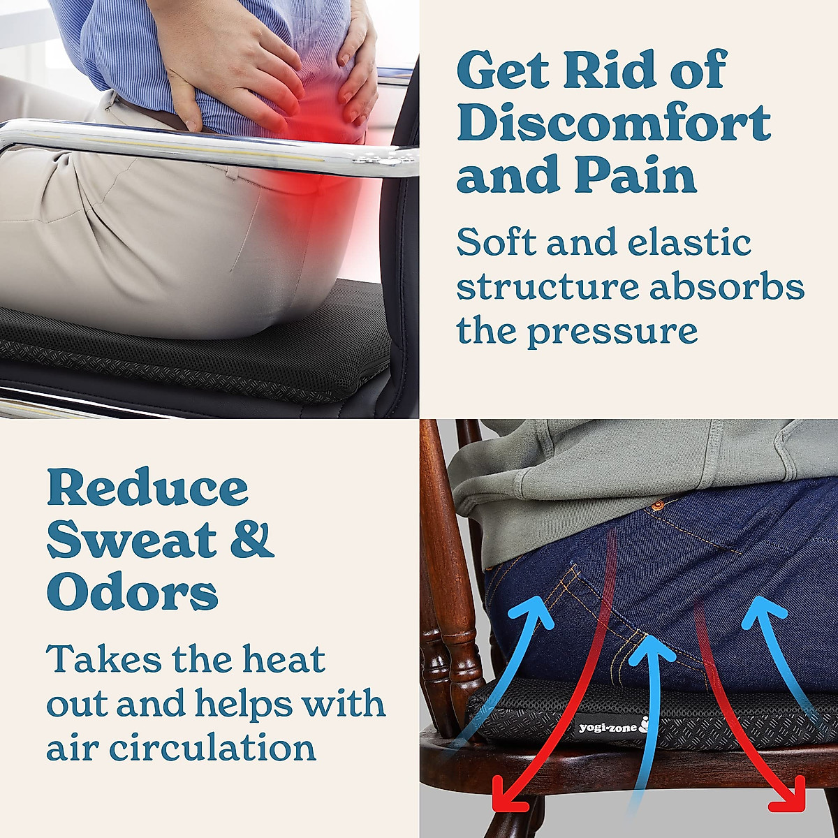 YOGI-ZONE Gel Seat Cushion for Long Sitting – 16.5x16.5x1.6 in. Honeycomb Seat Cushion for Back Pain Relief with Yoga Videos – TPE Cushion with Nonslip Breathable Cover for Office Chair & Car Seat