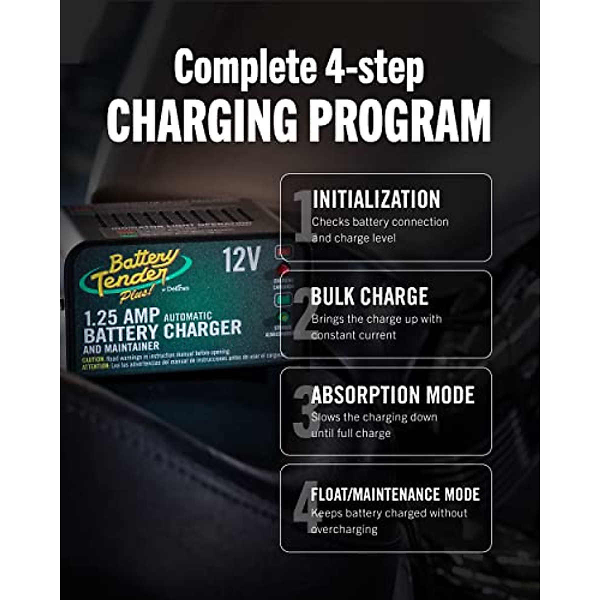 Battery Tender Plus 12V Battery Charger and Maintainer: 1.25 AMP Powersport Battery Charger and Maintainer for Motorcycles, ATVs, UTVs - Smart 12 Volt Automatic Float Charger - 021-0128