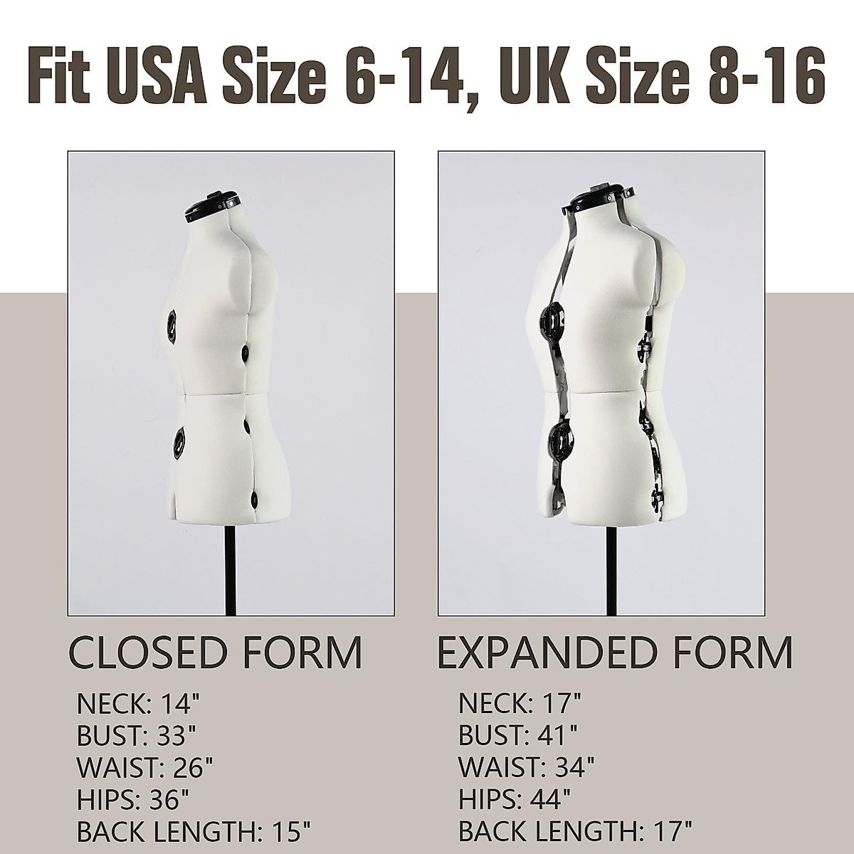 PDM WORLDWIDE Beige Adjustable Dress Form Mannequin for Sewing Female Size 6-14, Pinnable Model Body with 13 Dials, Detachable Casters, 42.5"-60" Height Range for Clothing Display, Small to Medium