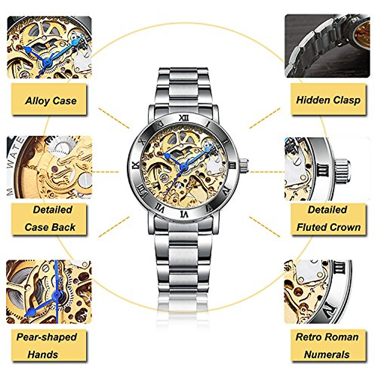 IK Women's Automatic Watch, Steampunk Self Winding Mechanical Bracelet Stainless Steel Wrist Watch for Ladies - Golden Dial
