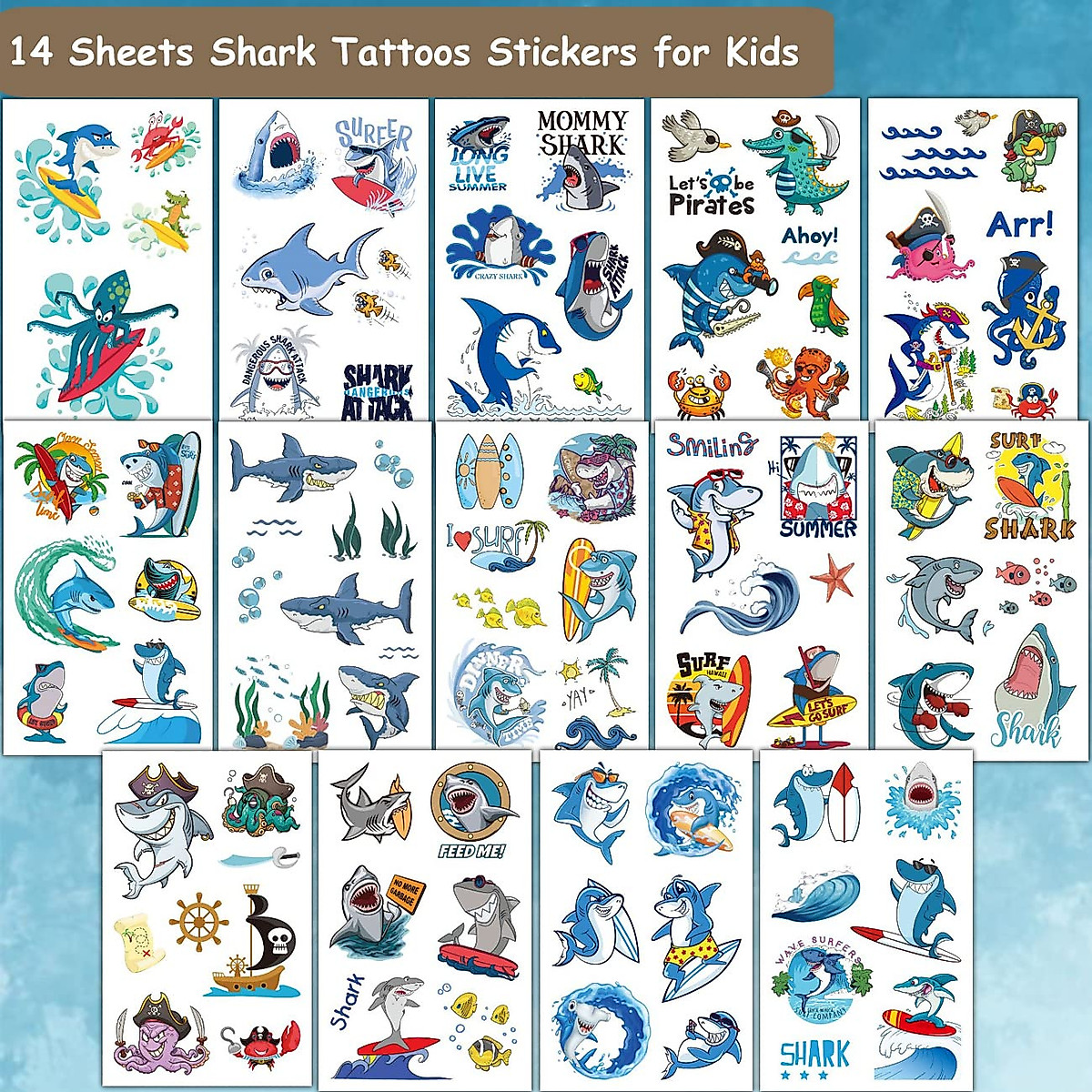 CHARLENT Summer Shark Tattoos for Kids - 14 Sheets Shark Pool Party Temporary Tattoos for Boys Birthday Party Favors Goodie Bag Fillers