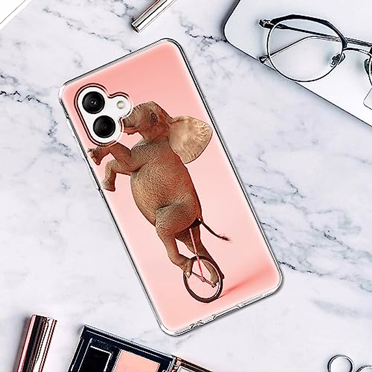 SROJDHFJB Phone Case for Samsung Galaxy A04 4G, Clear Cover for Galaxy A04 4G Dual Layer Soft Rubber Shockproof Bumper Anti-Scratch Hard PC Back, Girls Shell with Cycling Elaphant Dsigned