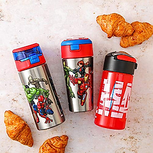 Zak Designs Marvel Comics Durable Single Wall Stainless Steel Water Bottle with Push-Button Flip Lid Leak-Proof Design is Perfect for Outdoor Sports (19.5oz, BPA Free), 19.5 oz, Avengers