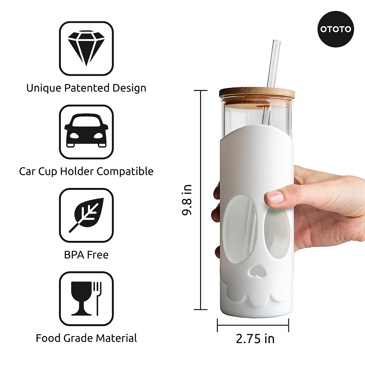 OTOTO NEW Bonesy Glass Tumbler with Straw and Lid - 17oz Cute Glass Water Bottle Tumblers, Goth Accessories, Spooky Gifts, Halloween Gifts, Skull Glass Cup with Lid and Straw, Goth Gifts (White)