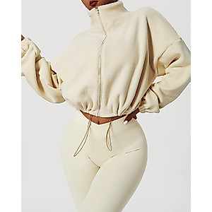 QINSEN Women's Polar Fleece Bomber Jacket Full Zip Stand Collar Short Coat Cozy Winter Warm Outwear Beige M