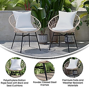 Flash Furniture Devon Set of 2 Indoor/Outdoor Modern Papasan Style Rope Patio Chairs, PE Rattan with Cushions, Tan/Light Gray