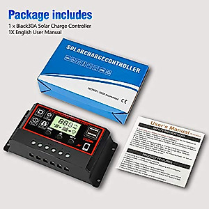 [Upgraded] 30A Solar Charge Controller, Black Solar Panel Battery Intelligent Regulator with Dual USB Port 12V/24V PWM Auto Paremeter Adjustable LCD Display (30a)