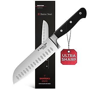 Boston Steel Santoku Knife 7 Inch 5CrMoV Carbon Stainless Steel Sharp Full Tang Chopping Kitchen Knife with ABS Ergonomic Handle Design, Gifts for Men and Women, Kitchen Knives in Premium Gift Box