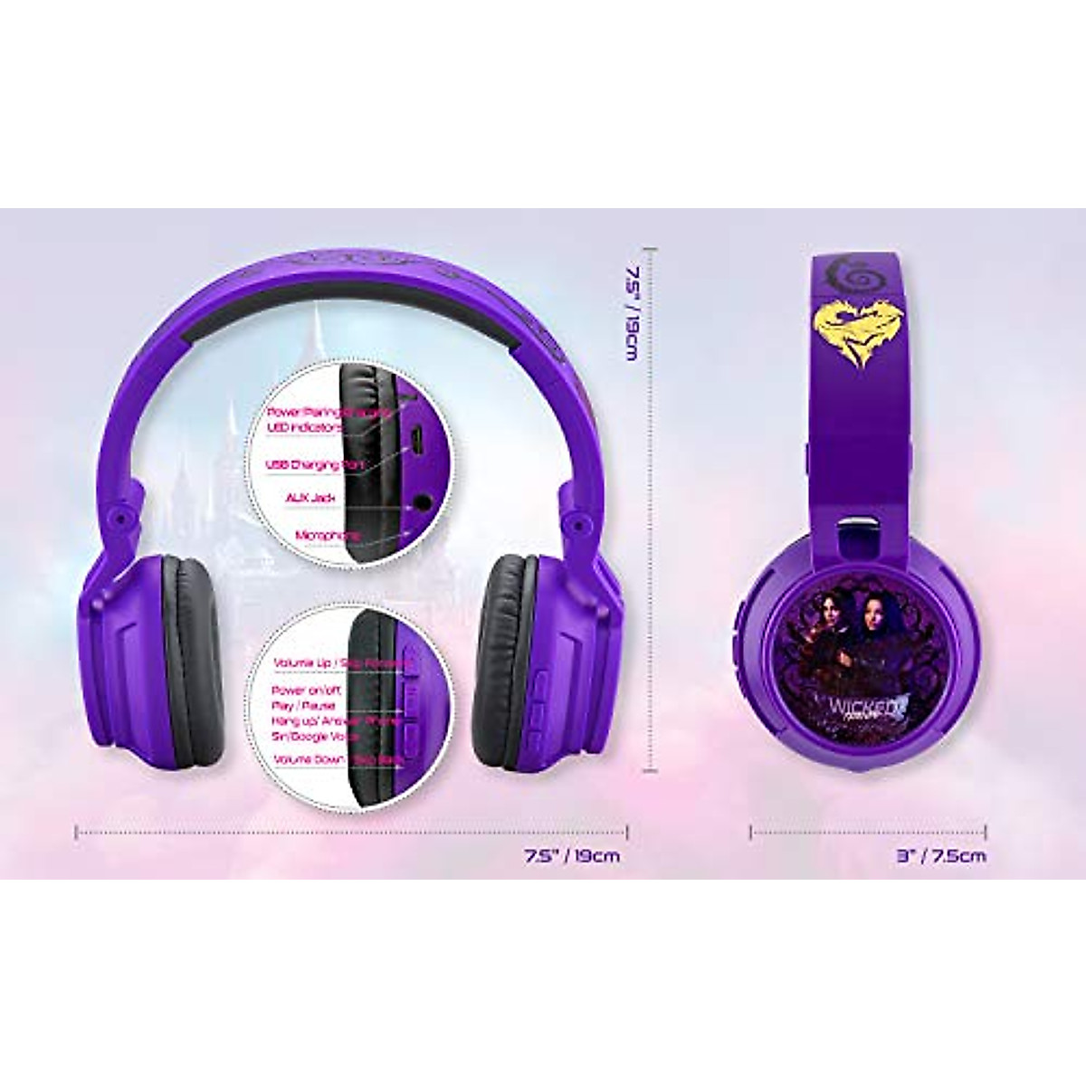 eKids Descendants Kids Bluetooth Headphones for Kids Wireless Rechargeable Foldable Bluetooth Headphones with Microphone Kid Friendly Sound and Bonus Detachable Cord, DE-B50v9M