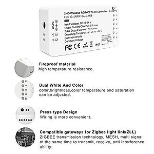 GLEDOPTO Zigbee Controller RGBW RGBCCT 5 in 1 LED Strip Light Controller,Compatible with SmartThings Hub, Zigbee Zll Link Device Amazon Alexa Echo,Smart Voice Timer APP Controller (RGBCCT)