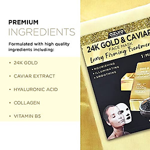 AZURE 24K Gold and Caviar Anti Aging Luxury Face Mask - Hydrating & Firming Facial Mask - Helps Reduce Wrinkles & Fine Lines - With Hyaluronic Acid & Collagen - Skin Care Made in Korea - 5 Pack