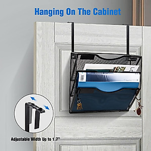 BOHDK Wall File Organizer, 3 Tire Hanging File Folder Organizer, Vertical Mesh Metal Door/Wall Mount Hanging File Holder. Paper Document Magazine Rack with Hooks for Home Office Black