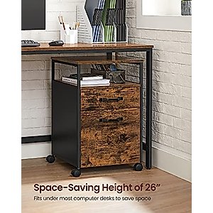 VASAGLE File Cabinet, Mobile Filing Cabinet with Wheels, 2 Drawers, Open Shelf, for A4, Letter Size, Hanging File Folders, Rustic Brown and Black UOFC71X