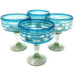 Mexican Hand Blown Glass – Set of 4 Hand Blown Margarita Glasses (16 oz) with Aqua Spiral Design