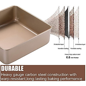 Ksdhotware 8'' x 3'' Deep Square Cake Pan Baking Mold Non-stick Coating Heavy Duty Brownie Bread Tray (Champagne Gold) (Square)