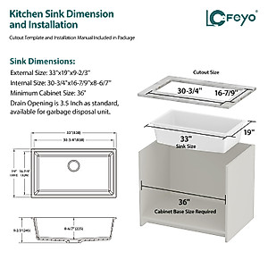 Lofeyo 33 Inch White Granite Composite Quartz Undermount Single Bowl Kitchen Sink Under Counter Contemporary Kitchen Deep Sink Basin 33"x19"