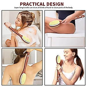 Metene Shower Brush with Upgrade 17-inch Rosewood Handle, Double-Sided Body Brush with Stiff and Soft Natural Bristles for Wet or Dry Brushing, Back Scrubber for Gentle Exfoliating and Clean Easily