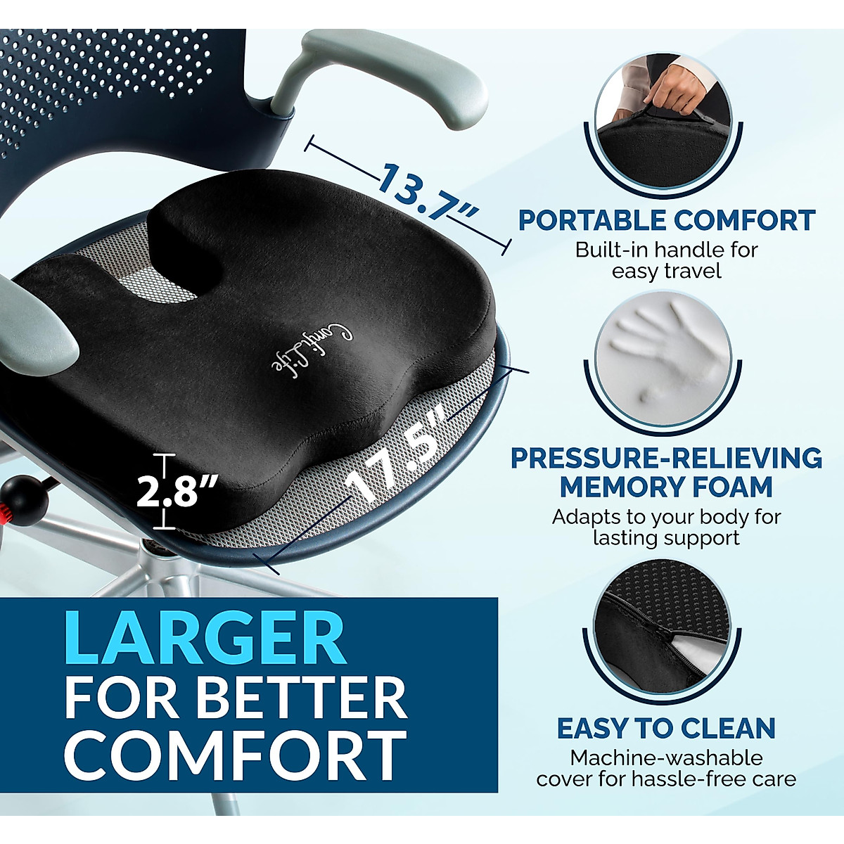 ComfiLife Gel Enhanced Seat Cushion - Non-Slip Orthopedic Gel & Memory Foam Coccyx Cushion for Tailbone Pain - Office Chair Car Seat Cushion - Sciatica & Back Pain Relief (Black)