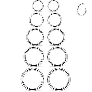 SCERRING 10PCS 16G Stainless Steel Hinged Clicker Segment Septum Nose Lip Ring Hoop Nipple Cartilage Tragus Sleeper Earrings Body Piercing Jewelry 8mm 10mm 12mm 14mm 16mm Silver