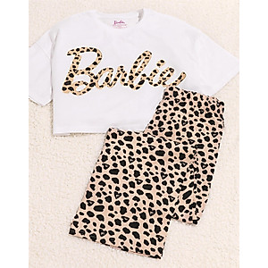 Barbie Pyjamas Womens Animal Print Logo Cropped T-Shirt Bottoms Pjs White